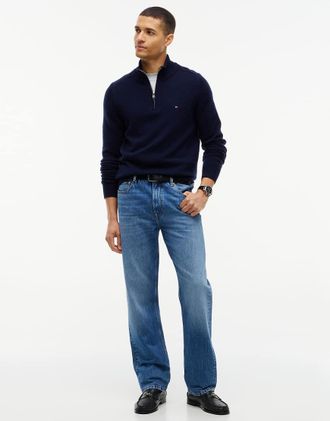 Tommy Hilfiger Pullover aus reiner Lammwolle mit Viertelrei&szlig;verschluss in Marineblau