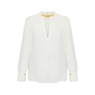 Elisabetta Franchi Femme, Blouses et Chemises, Beige, Taille: 38 FR Blouse en Georgette de Viscose avec D&eacute;tail Bijou