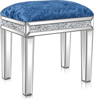 Generic Schminkstuhl mit Diamant-Intarsien, verspiegelter Schminkhocker - 50 cm hohes Samtkissen f&uuml;r das Schlafzimmer, stilvoll f&uuml;r das Wohnzimmer, blaues Akz