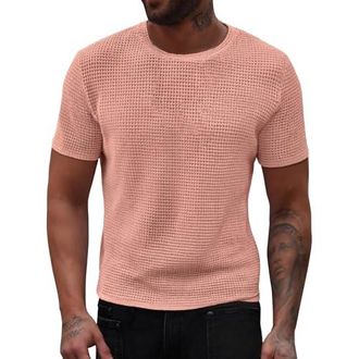 Generic DENGJIAMY T-shirt gaufr&eacute; pour homme, t-shirt d&eacute;contract&eacute; uni &agrave; manches courtes et col rond, chemises tendance pour hommes, v&ecirc;tements d&eacute;t&eacute;, rose, XXL