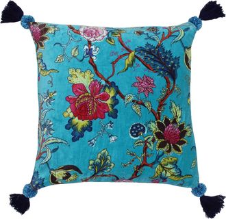 Riva Paoletti Riva Paoletti Tree Of Life Kissenbezug - Eisvogel Blue - Floral Chinoiserie-Druck - Pompom Quaste Corners - Maschinenwaschbar - 100% Baumwolle - 50 X 