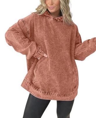 Generic Sweat-shirt &agrave; capuche en jean avec poches avant, pull d&eacute;contract&eacute; pour femme, veste en jean vintage vieilli, tops streetwear d&eacute;contract&eacute;s, Orange, XXL