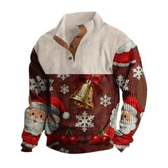 Generic Chandails en velours côtelé pour homme - Pull de Noël amusant à manches longues - Col à revers boutonné - Couleur unie - Pull de Noël 2025, multicolor