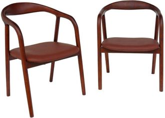 Sweeek Sweeek - Lot de 2 fauteuils structure bois dhévéa. assise simili cuir. teinte noyer vintage. l 55 x p 57 x h 79cm. Noyer / Marron