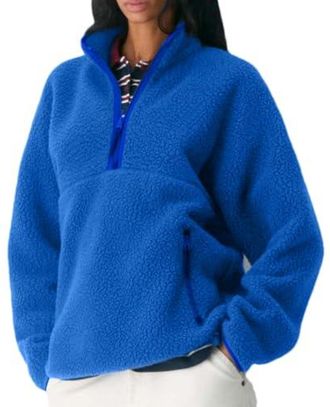Generic Pull en polaire pour femme, manches longues, demi-fermeture &eacute;clair, sweat-shirt dautomne chaud et tendance avec poches lat&eacute;rales, bleu marine, XXL
