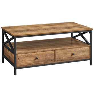 Vasagle Couchtisch, Wohnzimmertisch, Sofatisch, f&uuml;r Wohnzimmer, mit Schubladen, X-f&ouml;rmige Streben, offenes Fach, Industrie-Design, walnussbraun-schwarz LCT201