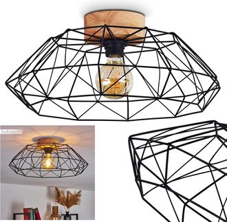 HOFSTEIN Deckenleuchte Turiza, vintage Deckenlampe aus Metall/Holz in schwarz/natur, 1 x E27-Fassung, Höhe 22,5 cm, mit Lichteffekt durch den Corpus, ohne Leuc