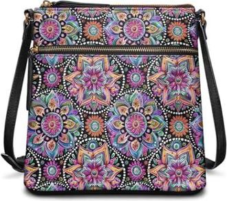 Coloranimal Sac &agrave; bandouli&egrave;re l&eacute;ger en cuir synth&eacute;tique avec fermeture &eacute;clair pour femme, Fleur de Mandala