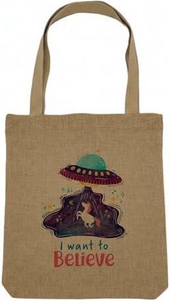 Fabulous Sac Shopping Tote Bag Aspect Lin - I Want To Believe Licorne Ovni Extraterrestres - Sac de Courses Toile Epaisse 360g Beige Naturel Cabas Port&eacute; Epaule
