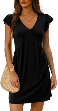 Dokotoo Robe Femme Chic et Elegant Taille Empire dété sans Manches Col en V Fluide Légère à Volants Casual de Plage Mini Robes Femmes Tunique Courte Printemps