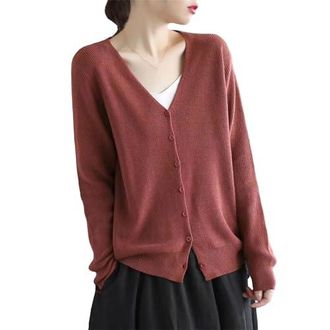 Generic Pull ample &agrave; col en V pour femme - Grande taille - Tendance - Couleur unie - Haut temp&eacute;rament &agrave; manches longues, Rouge brique, XXL