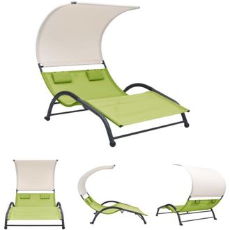 Les Tendances The Living Store Doppel-Sonnenliege mit Sonnendach Textilene Gr&uuml;n - Doppel Liege - Gartenliege - Sonnenliege - Textilene Liege - Liege Gr&uuml;n