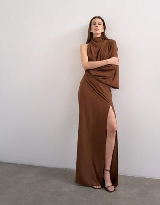 Topshop Robe longue drap&eacute;e asym&eacute;trique - Chocolat-Brown