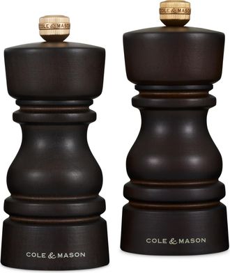 Cole & Mason London Salz und Pfeffermühle, 2er Set Manuell mit Einstellbar, Schokolade Holz, 13cm, Precision+ mit Keramikmahlwerk und Carbonmahlwerk, Gewürzmühle, 