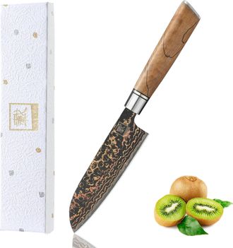 Zayiko BlackMagma Damastmesser Santoku I 12 cm Klinge aus Damaststahl mit Kupfer & Bronze sowie Ahornholzgriff I Edles Damast Küchenmesser in Geschenkbox