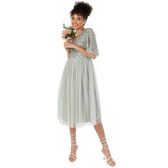 Maya Damen Robe de Soirée Femme Pour Mariage Invitée, Col V, Robe à Pailettes Demoiselles dHonneur à Manches Courtes Brautjungfernkleid, Green Lily