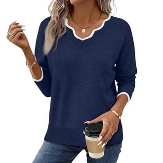 TOMWELL Pull Femme Chic Chaud Couleur Unie Pullover Automne Hiver Manche Longue Sweater A Bleu Marine XXL