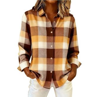 Generic Chemise d&eacute;contract&eacute;e &agrave; carreaux pour femme - Couleur contrast&eacute;e - Automne et hiver - Imprim&eacute; &agrave; carreaux - Chemisier &agrave; carreaux pour femme, caf&eacute;, 3XL