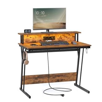 Vasagle Schreibtisch, Gaming Tisch mit eingebauter Steckdosenleiste, Computertisch, mit Monitorst&auml;nder f&uuml;r 2 Monitore, Schlafzimmer, 60 x 100 x 76 cm, vintage