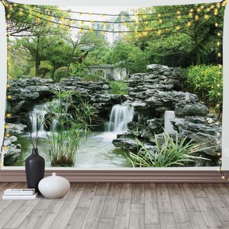Abakuhaus japanisch Wandteppich, Asiatischer Garten, Wohnzimmer Schlafzimmer Heim Seidiges Satin Wandteppich, 200 x 150 cm, Weiß Grün