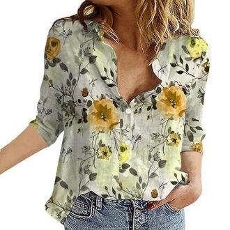 Generic Haut &agrave; manches longues &agrave; col en V pour femme - Chemisiers floraux &agrave; manches longues - Blouses et chemises de plage, hauts de vacances, hauts basiques 