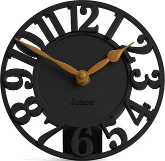 Jones Clocks Ealing Schreibtisch Uhr | Mini Skelett Uhr | Schwarz | Freistehende, Moderne Kaminuhr mit Ausgeschnittenen Ziffern f&uuml;r Regal, Tisch, Kaminsims oder Na