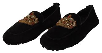 Dolce & Gabbana Mens Black Leather Crystal Gold Crown Loafers Shoes