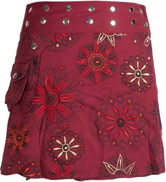 vishes Alternative Bekleidung - Damen Wickel-Rock Bedruckt Bestickt Blumen Mandala G&uuml;rtel-Tasche dunkelrot 34-40