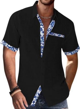Onsoyours Chemise Homme à Carreaux Manche Courte Coton Lin avec Poche Chemise Décontractée Classique Chemisette Homme Lin Chemise Bouton Homme Blouse B Noir L