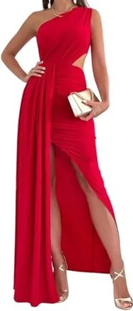 ORANDESIGNE Robe De Soiree Femme Chic Et Glamour Longue Elegant Ceremonie Mariage Robe Cocktail Une Seule Manche Épaules Dénudées Maxi Dress C Rouge L