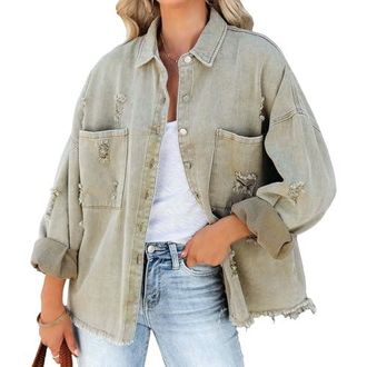 Generic Veste en jean surdimensionn&eacute;e &agrave; franges d&eacute;chir&eacute;es avec ourlet effiloch&eacute; et boutons sur le devant pour femme, Vert, XL