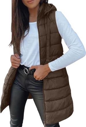 Generic Uwdiohq Manteau Femme Sans Manche, Gilet Chaud Doudoune Manche Veste Longue Hiver Capuche Zipp&eacute; Parka Blouson Avec Poches Noir Kaki &Agrave; Blanc Mi Long Po