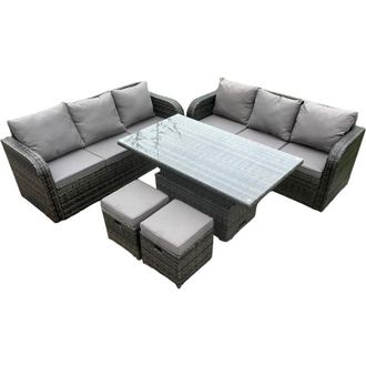 Fimous 8-Sitzer-Rattan-Gartenm&ouml;bel-Sets H&ouml;henverstellbarer aufsteigender Esstisch-Sofa-Satz mit 2-kleinen Fu&szlig;hockern Dunkelgrau gemischt - Fimous