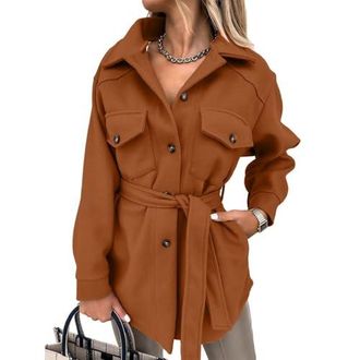 Generic Manteau dhiver long tendance pour femme avec col de chemise simple boutonnage avec ceinture et poches, marron, XXL