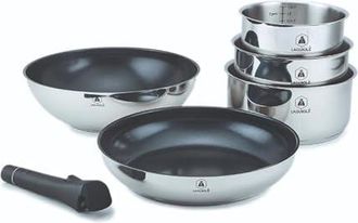 Laguiole Set de cuisine 6 pi&egrave;ces en acier inoxydable avec rev&ecirc;tement c&eacute;ramique antiadh&eacute;sif, compatible tous feux, poign&eacute;e amovible, dimensions vari&eacute;es, 16x7,5 