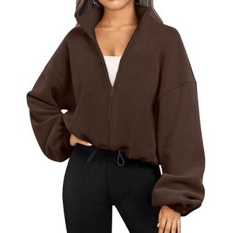 Generic Sweat-shirt court Sherpa &agrave; manches longues avec fermeture &eacute;clair int&eacute;grale pour femme, Coffee a, XXL