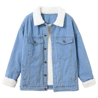 Generic Veste chaude en jean Sherpa pour femme avec col crant&eacute; et manches longues, bleu clair, XXL