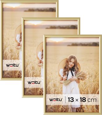 Woltu Bilderrahmen 13x18 cm, 3 Set, Fotorahmen Gold, Aluminium, mit Passepartout, zum vertikalen oder horizontalen Aufh&auml;ngen/Aufstellen, f&uuml;r Fotos, Bilder