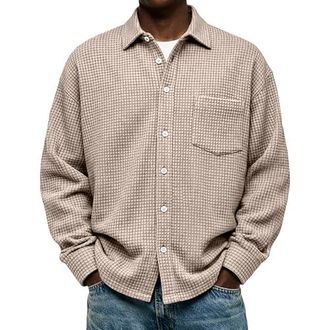 Generic Chemise gaufr&eacute;e pour homme et adulte, chemise boutonn&eacute;e &agrave; manches longues, couleur unie, chemise &agrave; revers vintage, d&eacute;contract&eacute;e et de travail avec poc