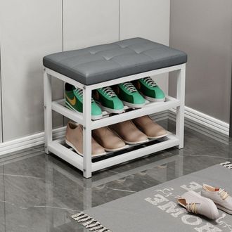 Generic 3-stöckige Schuhbank Mit Stauraum, Sitzfläche Aus PU-Leder Und Metallrahmen, Organizer for Den Eingangsbereich Im Wohnzimmerflur(Gris,50 * 45 * 30cm)