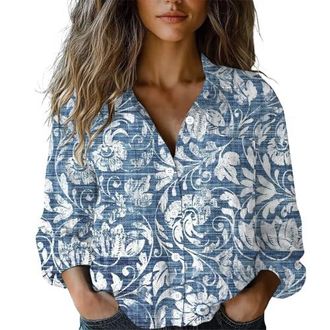 Generico Chemise Femme &Eacute;l&eacute;gant &agrave; Manches Longues T Shirt en Lin Coton D&eacute;contract&eacute; Grande Taille Blouse Col en V L&eacute;ger Chemisier Vintage Fantaisie avec Boutons 