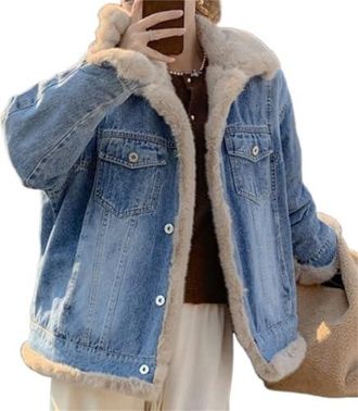 Onsoyours Veste en Jean Hiver Femme Revers Manches Longues Peluche Doublée Veste en Denim avec Fourrure Parka dhiver Chaude Softshell Veste Blousons Polaire Man