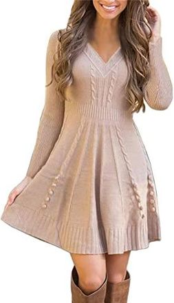 ORANDESIGNE Robe Pull Courte Femme Automne Hiver Robe Tricotée Col Rond Manches Longues Tresser A-Ligne Élégante B Marron XXL