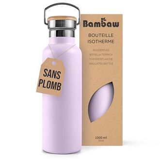 Bambaw Thermos Isotherme 1L, Gourde Violette, Inox, Bouteille Inox 1L, Gourde Acier Sans BPA - Lilas Clair