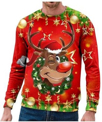 Generic Sweat-shirt de No&euml;l pour homme &agrave; manches longues, pull de No&euml;l en coton surdimensionn&eacute; avec motif de renne doux Merry Christmas Fun Costume de No&euml;l, r