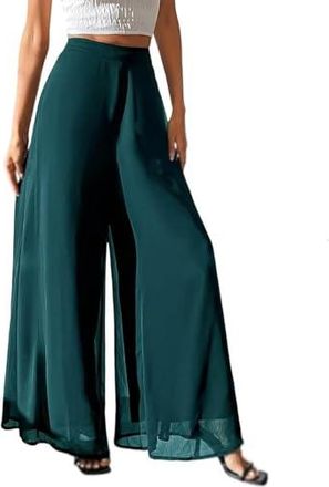 Generic Robe de plage en mousseline de soie pour femme, pantalon palazzo &agrave; jambes larges, fluide, l&eacute;ger, long, tendance, pantalon d&eacute;contract&eacute;, vert fonc&eacute;, XXL