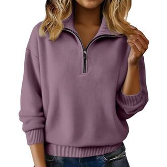 Generic Pull en casmere &agrave; fermeture &eacute;clair 1/4 pour femme - Col montant - Manches longues - Coupe ample - D&eacute;contract&eacute; - Hiver - Confortable, violet, XXL