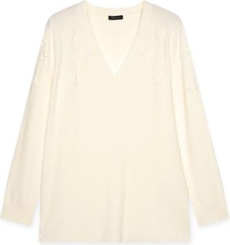 Fiorella Rubino Femme, Pulls, Blanc, Taille: 44 FR Pull à Col en V avec Broderie Florale