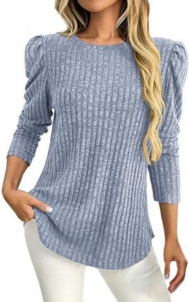 Generic Pull tendance en tricot &agrave; manches ballon pour femme - Automne et hiver - Pull tunique habill&eacute; et d&eacute;contract&eacute; - Manches longues - Tricot c&ocirc;tel&eacute;, bleu c