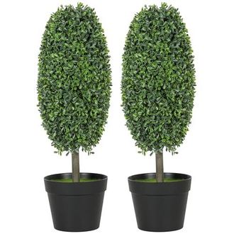 HOMCOM 2er-Set K&uuml;nstliche Buchsbaum 60 cm Kunstpflanze im Olivenform, k&uuml;nstliche Pflanzen im Topf, UV-best&auml;ndig Kunstbaum Fake Plant wie echt Dekoration f&uuml;r 
